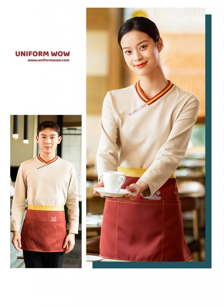 เสื้อคอจีนWelcome+ผ้ากันเปื้อน เสื้อพนักงานเสริฟ Uniformwow