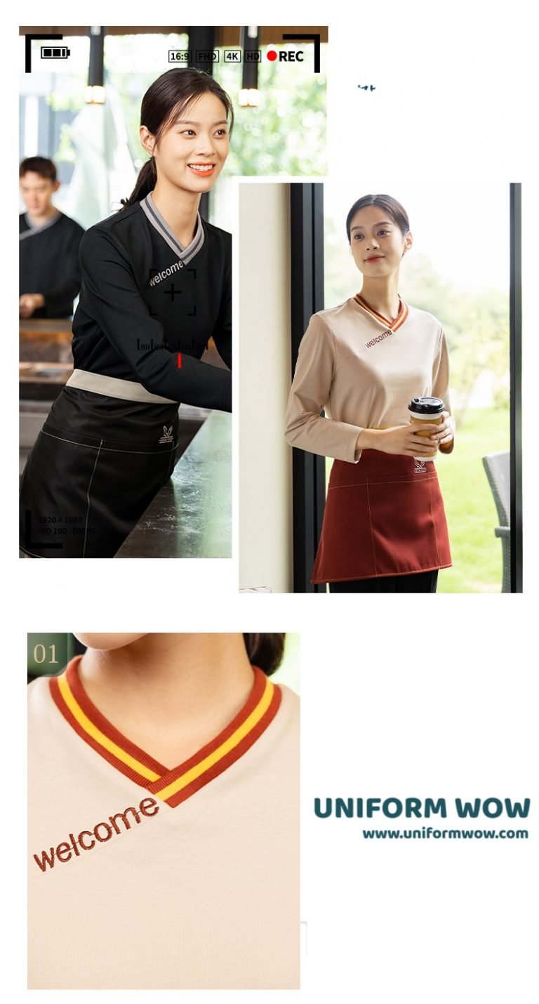 เสื้อคอจีนWelcome+ผ้ากันเปื้อน เสื้อพนักงานเสริฟ Uniformwow